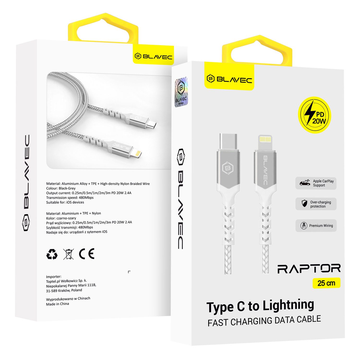 Blavec Cable Raptor braided - Type C to Lightning - PD 20W 2,4A 0,25 ...
